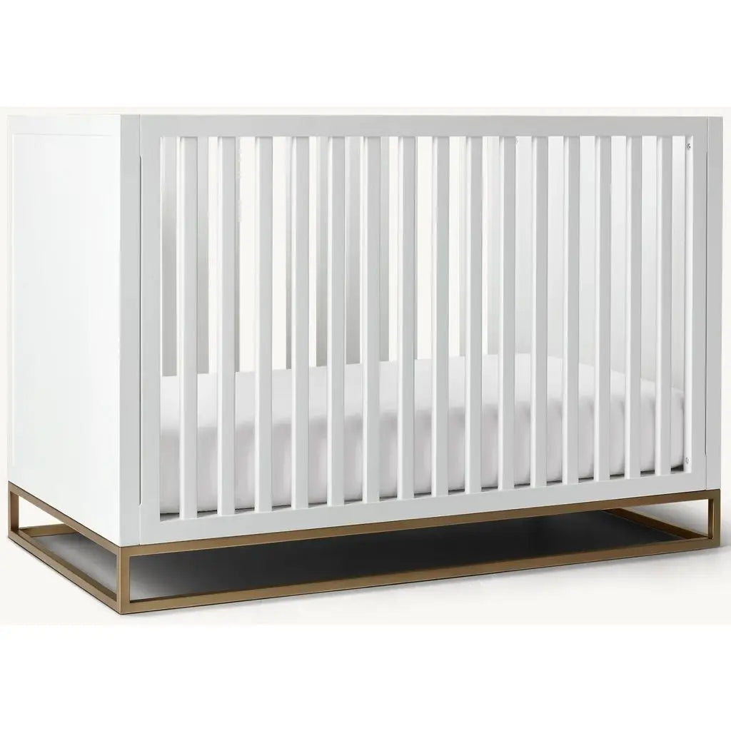 Contemporary White Teak Wood Baby Crib With Gold Base Crib — Woven Space