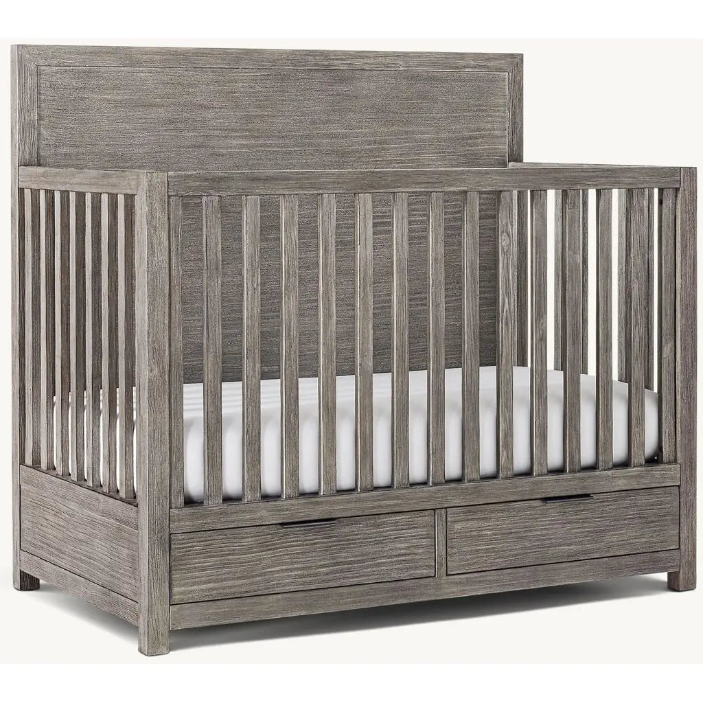Elegant Convertible Distressed Gray Storage Baby Crib — Woven Space