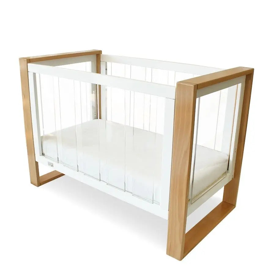 Premium Mid Century Teak Baby Clear Acrylic Panels Crib — Woven Space