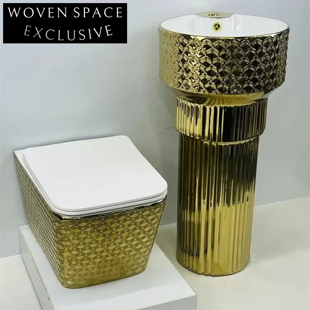 Elegant Golden Ceramic Pedestal Wash Basin, Modern Floor Mounted Bathr ...