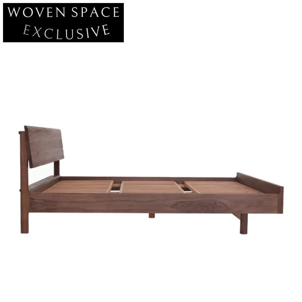 Elegant Wabi-Sabi Solid Elm Wood Fabric Upholstered Bedframe — Woven Space