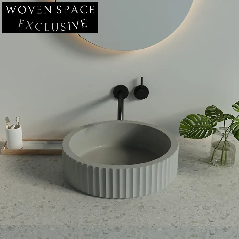 Fluted Concrete Countertop Basin - Modern Round Vessel Bathroom Sink ...