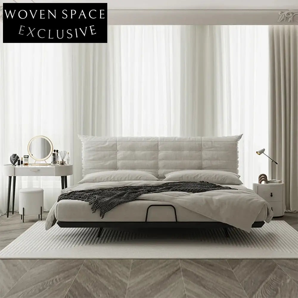 Nordic Ash Wood Linen Fabric Double Bedroom Bed with Modern Carbon Leg ...